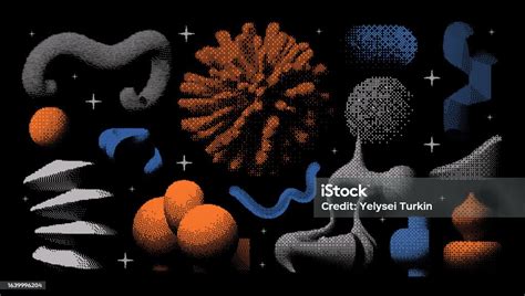 추상적인 기하학적 요소 디더링 하프톤 Stipplism 효과가 있는 범용 3d 비트맵 모양 미니멀리즘 스타일 포스터 배너 명함