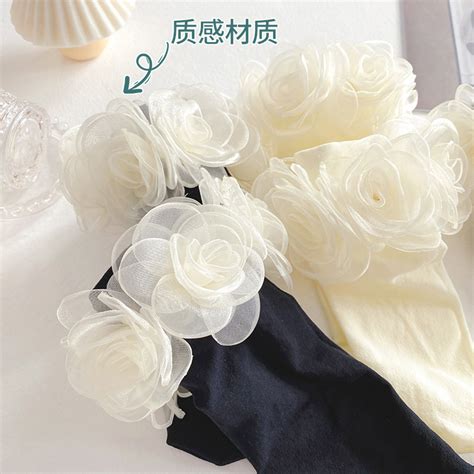 原创夏季薄款天鹅绒立体纱白色山茶花中筒袜日系纯棉黑色堆堆袜子虎窝淘