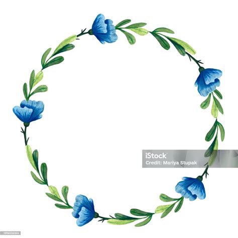 귀여운 봄 꽃 화환 구아슈 그림 푸른 꽃과 녹색 잎 우아함 귀여운 꽃 프레임 여름 꽃다발 서클 프레임 일러스트레이션의 만화