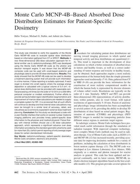 Pdf Monte Carlo Mcnp 4b Based Absorbed Dose Distribution Estimates For Patient Specific Dosimetry