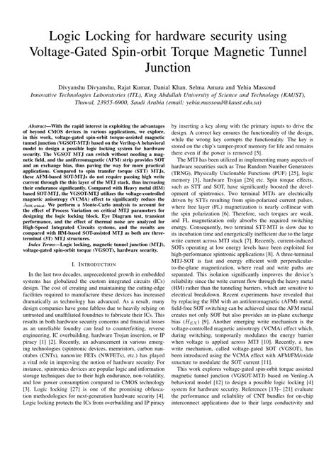 Pdf Logic Locking For Hardware Security Using Voltage Gated Spin Orbit Torque Magnetic Tunnel