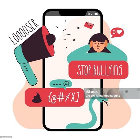 여성 전화 모바일 채팅 좋은 메시지를 얻지 못하고 싫어하고 상처를 주는 말 레터링 패자 사이버 괴롭힘을 중지하십시오 벡터 일러스트레이션 네트워크 남용 인터넷 문제 및 차별