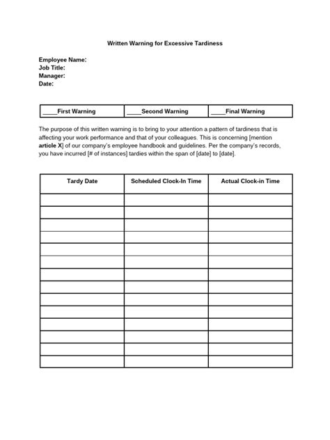 Word Written Warning For Excessive Tardiness Pdf