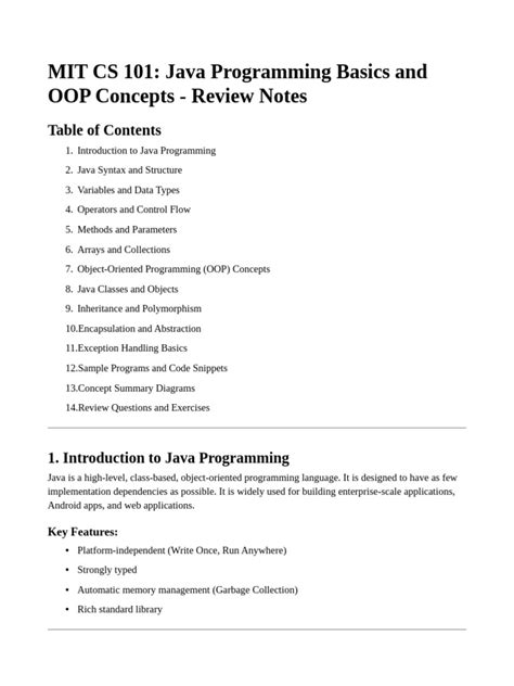 Mit Cs 101 Java Basics And Oop Concepts Review Notes Pdf Method