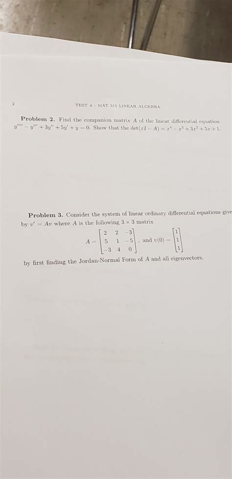 Solved Test 4 Mat 315 Linear Algebra Problem 2 Find The