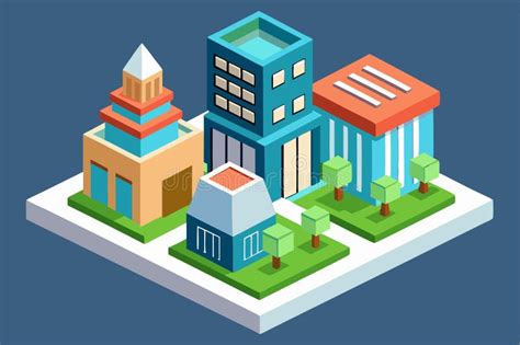A Colorful Isometric Design Showcases Diverse Buildings And Trees Emphasizing Customizable