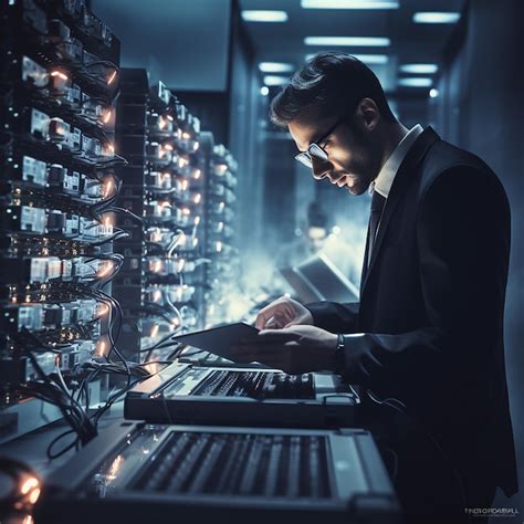 Premium Photo Man In Server Room Network Rack Full Of Routers Fixing The Probems