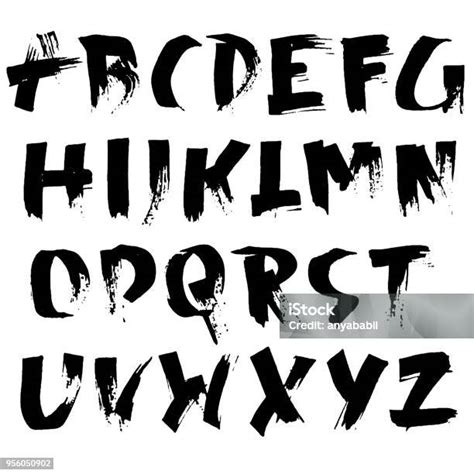 그런 지 조 난 폰트입니다 현대 건조 브러시 잉크 편지입니다 필기체 알파벳입니다 벡터 일러스트입니다 개체 그룹에 대한 스톡 벡터