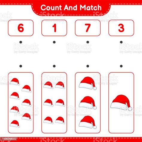 세고 일치시키고 산타 모자의 수를 세고 올바른 숫자와 일치시킵니다 교육 어린이 게임 인쇄 워크시트 벡터 일러스트 레이 션 0명에 대한 스톡 벡터 아트 및 기타 이미지