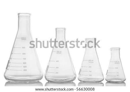 Clear And Empty Laboratory Glass Conical Erlenmeyer Flasks Of Assorted Sizes In A Row For An