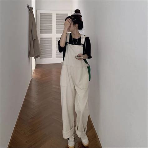 홀복 원피스 빅사이즈 청신한 데님 서스펜더 바지 여성용 봄과 가을 하이 웨스트 스트레이트 와이드 레그 팬츠 티몬