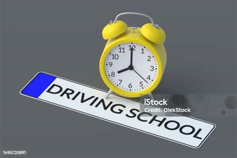 알람 시계 근처의 자동차 번호판에 운전 학교 비문 공부 시간 드라이빙 코스 3d 렌더링 3차원 형태에 대한 스톡 사진 및 기타 이미지 Istock