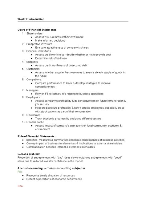 Acct3013 Week 1 4 Notes Week 1 Introduction Users Of Financial Statements 1 Shareholders
