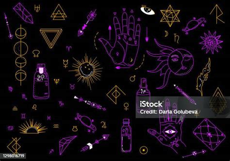 마법과 마술 의 상징 인도 점성술 및 팔미사 트리 징후 낙서 스타일의 행성 달 위상 및 기하학적 룬 점쟁이에 대한 스톡 벡터 아트 및 기타 이미지 Istock