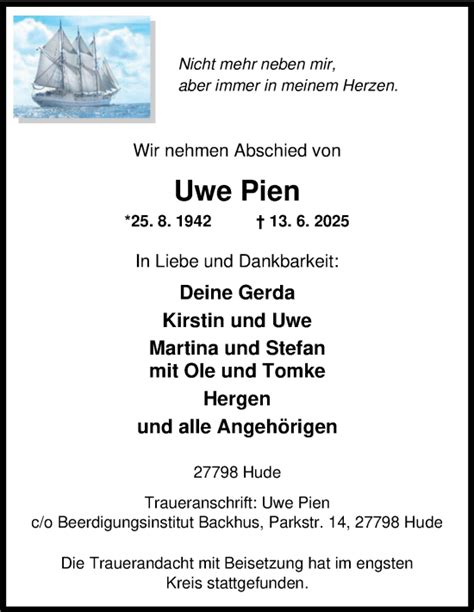 Traueranzeigen Von Uwe Pien Nordwest Trauerde