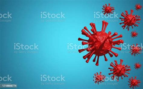 코로나 바이러스 바이러스의 발생 3d 렌더링으로 만든 파란색 배경에 대한 빨간색 개념 이미지 배경 주제에 대한 스톡 사진 및