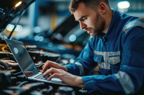 A Laptop Computer Programmer Working On Automobile Mechanics Generative Ai Premium AI