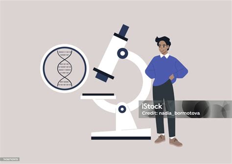현미경 생명 공학 및 바이오 해킹 아래의 Dna 디지털 코드 발견을 제시하는 젊은 남성 백인 과학자 돋보기 광학 기기에 대한 스톡 벡터 아트 및 기타 이미지 Istock