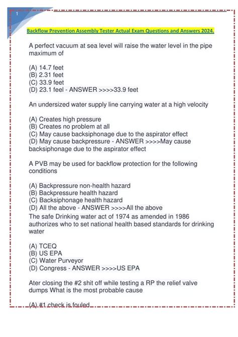 Backflow Prevention Assembly Tester Actual Exam Questions And Answers 2024 Backflow