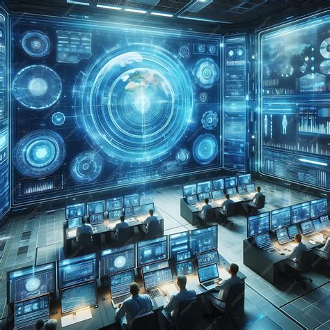 Futuristic Control Room With Holographic Interfaces And Data Streams Premium Ai Generated Image