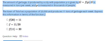 Solved The Amount Of Garbage G Produced By A City With