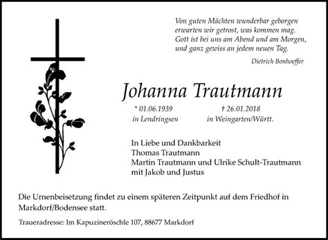 Traueranzeigen Von Johanna Trautmann Trauer In Nrwde