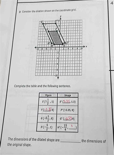 Solved 4 3 Consider The Dilation Shown On The Coordinate Grid Complete The Table And The