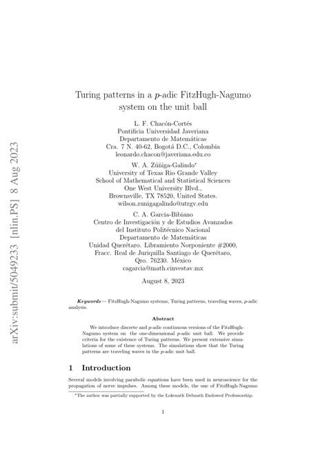 Pdf Turing Patterns In A P Adic Fitzhugh Nagumo System On The Unit Ball