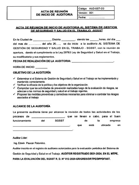 Acta De Inicio De Auditoría Pdf