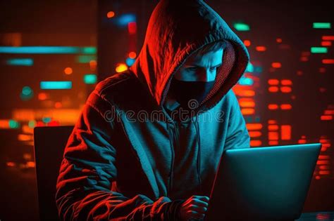 Hacker In A Mask And Hood Looks At The Laptop Screen Hacking And