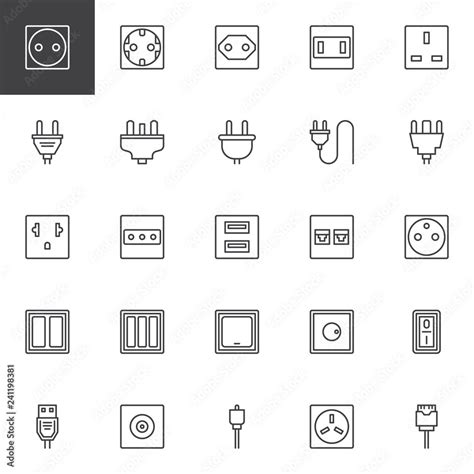 Plug And Socket Types Outline Icons Set Linear Style Symbols Collection Line Signs Pack