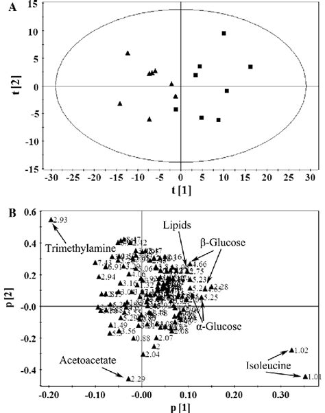 Pca Score Plot A And Loading Plot B From 1 H Nmr Spectra Of Serum