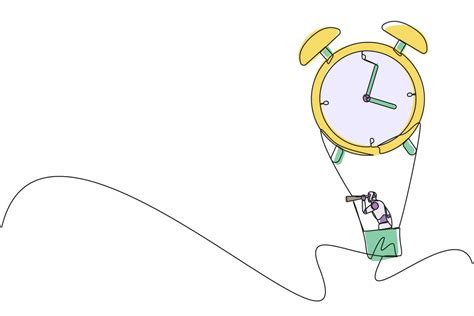 Single One Line Drawing Robots In Hot Air Balloon With Alarm Clock