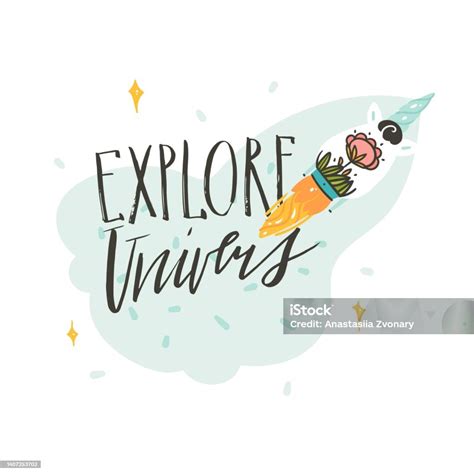 손으로 그린된 벡터 그래픽 창작 만화 일러스트 포스터를 추상화 하거나 유니콘 우주선과 우주 탐구 현대 필기 서 예 인용 흰색 배경에 고립 된 인쇄 0명에 대한 스톡 벡터