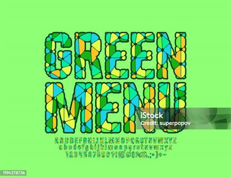 모자이크 글꼴 벡터 창조적 인 템플릿 녹색 메뉴 트렌디 한 패턴 알파벳 건강한 생활방식에 대한 스톡 벡터 아트 및 기타 이미지 건강한 생활방식 건강한 식생활 그래픽