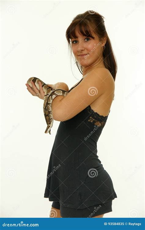 Beautiful Woman Holding Python On Isolated White Stock Image Image Of