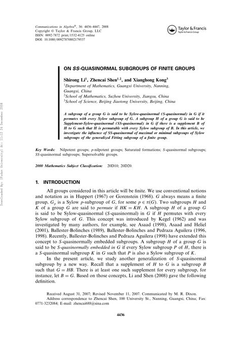 Pdf On Ss Quasinormal Subgroups Of Finite Groups