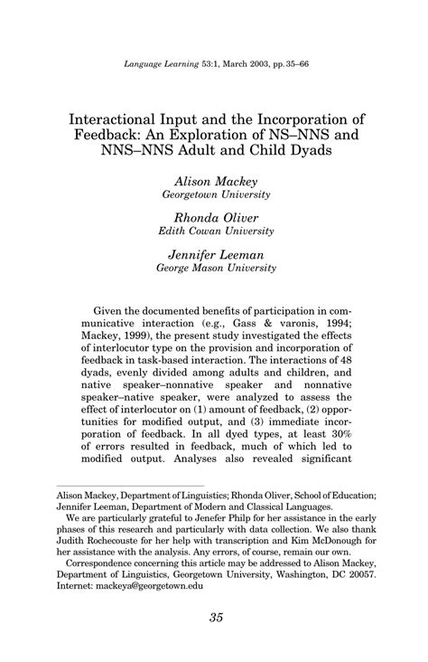 Pdf Interactional Input And The Incorporation Of Feedback An