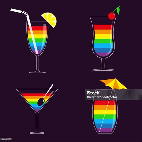 레인보우 칵테일 유리 세트 마티니 올리브 스틱 레몬 우산 짚 체리 게이 파티를 마셔라 Lgbt 기호 기호입니다 메뉴 템플릿 평면