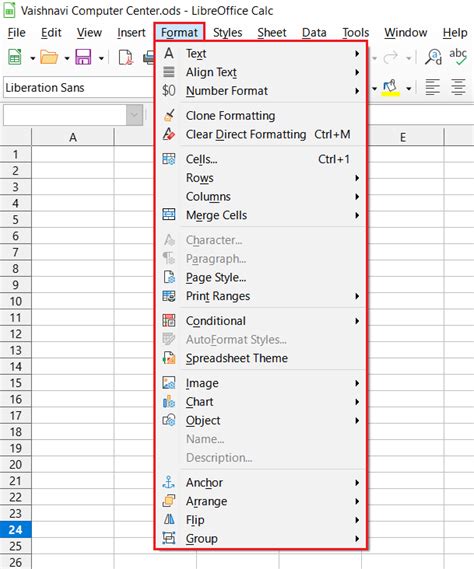 Libreoffice Calc Menus और उसके Options की List In Hindi For Ccc