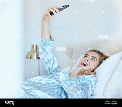 Selfie Girl In Bed And Photography With Phone Technology And Memory