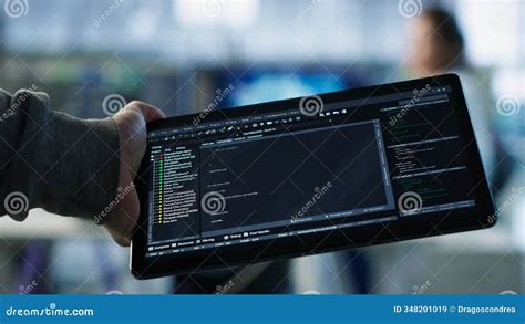computer scientist in data center solving tasks on tablet stock image