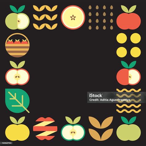 애플 프레임 추상 작품 미니멀리스트 스타일의 다채로운 사과 패턴 나뭇잎 및 기하학적 기호의 디자인 일러스트레이션 전체 과일 자르고 쪼개기 검은 배경에 간단한 플랫 벡터 개체