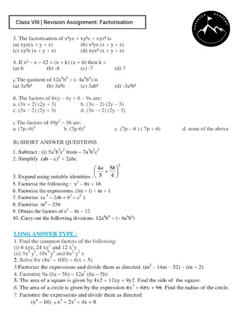 8th Factorisation Revision Pdf