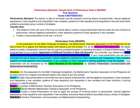grade 8 math performance task performance standard transfer goal
