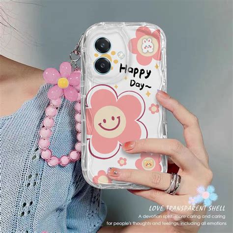 เคส Oppo A3 A3x 4g เคสโทรศัพท์ใสดอกไม้เชือกแขวนลูกปัดฝาครอบโทรศัพท์กัน