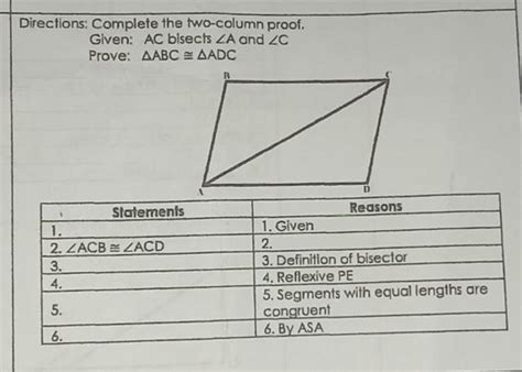Solved Directions Complete The Two Column Proof Given AC Bisects A And C Prove Delta