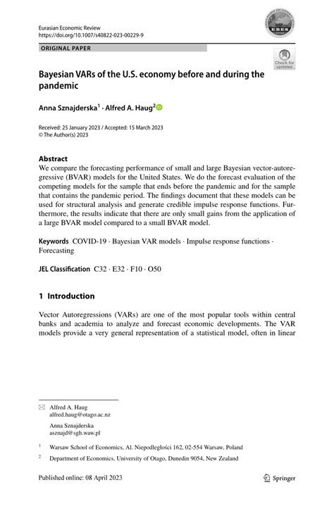 Pdf Bayesian Vars Of The U S Economy Before And During The Pandemic