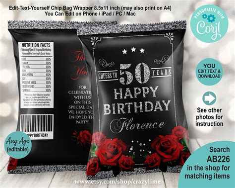 Editable Woman 50th Birthday Chip Bag Wrapper Red Rose Black Etsy