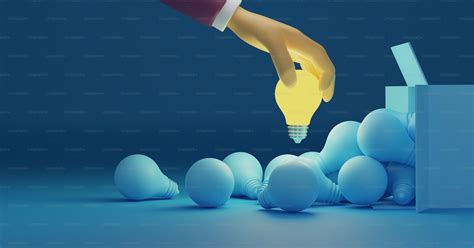 파란색 배경에 골판지 상자에서 나오는 많은 파란색 전구에 밝은 전구를 들고 있는 손 다른 창의성 상자 밖에서 생각하는 뛰어난 아이디어 3d 렌더링 그림입니다 사진